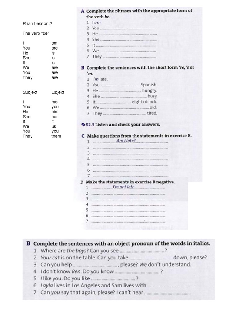 Brian Lesson 2 The Verb "Be" I Am You Are He Is She Is It Is We Are You ...