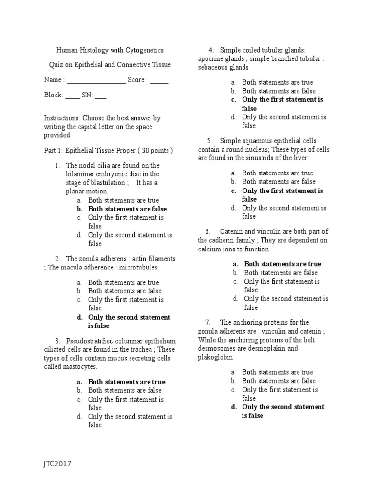 Epithelial and Connective Tissue Quiz | PDF | Epithelium | Connective ...