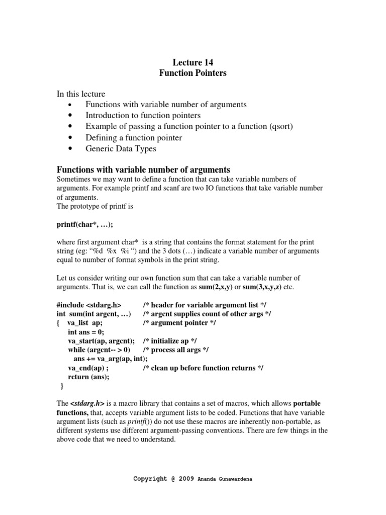 Function Pointers: Ananda Gunawardena | PDF | Pointer (Computer Programming) | Subroutine