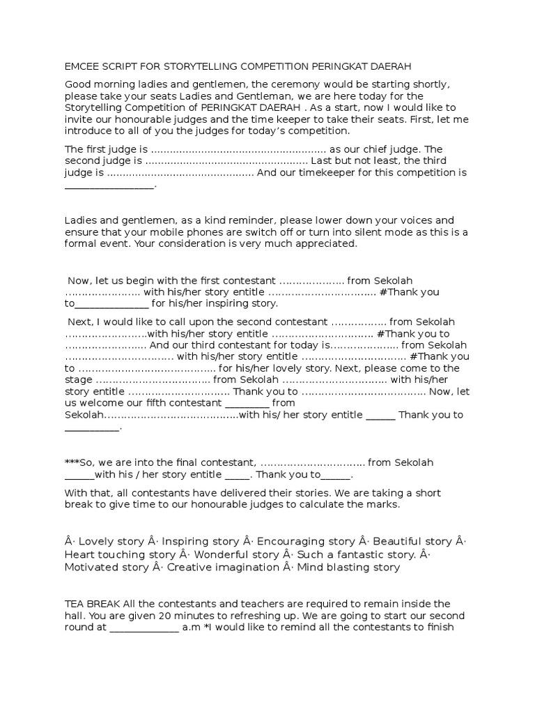 Emcee Script For Storytelling Competition Peringkat Daerah | PDF