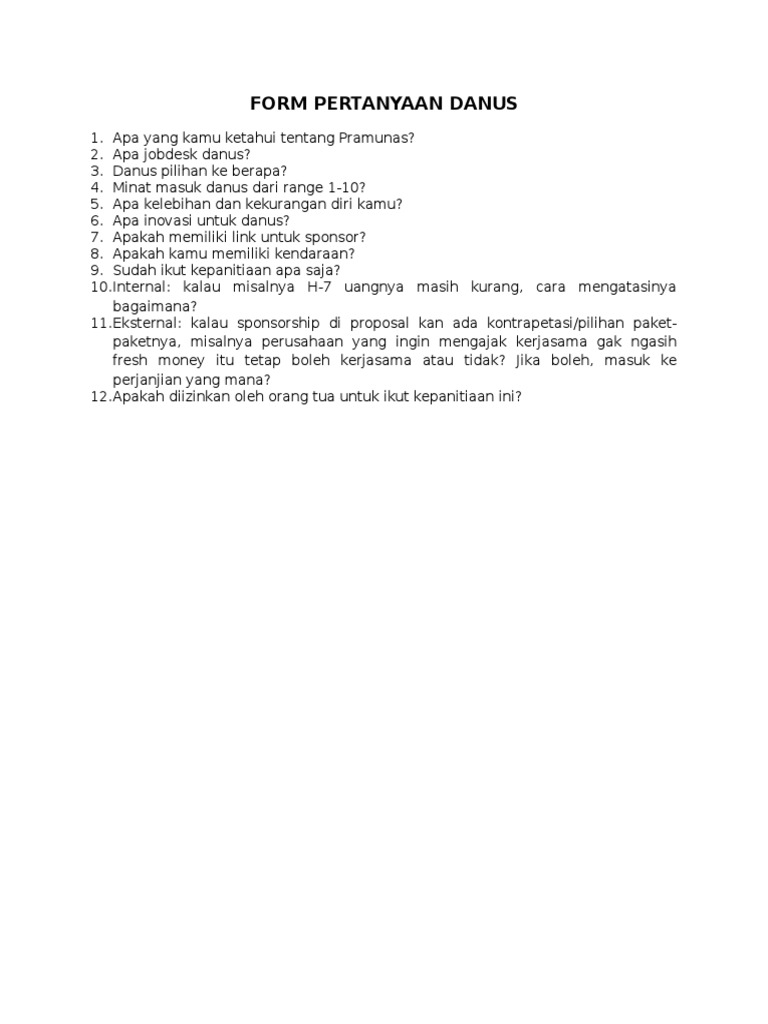 Form Pertanyaan Danus | PDF