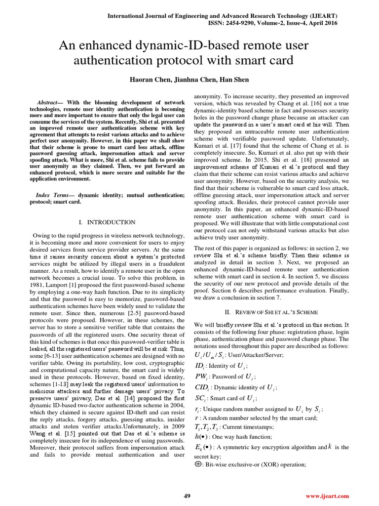 An Enhanced dynamic-ID-based Remote User Authentication Protocol With Smart Card | Download Free ...