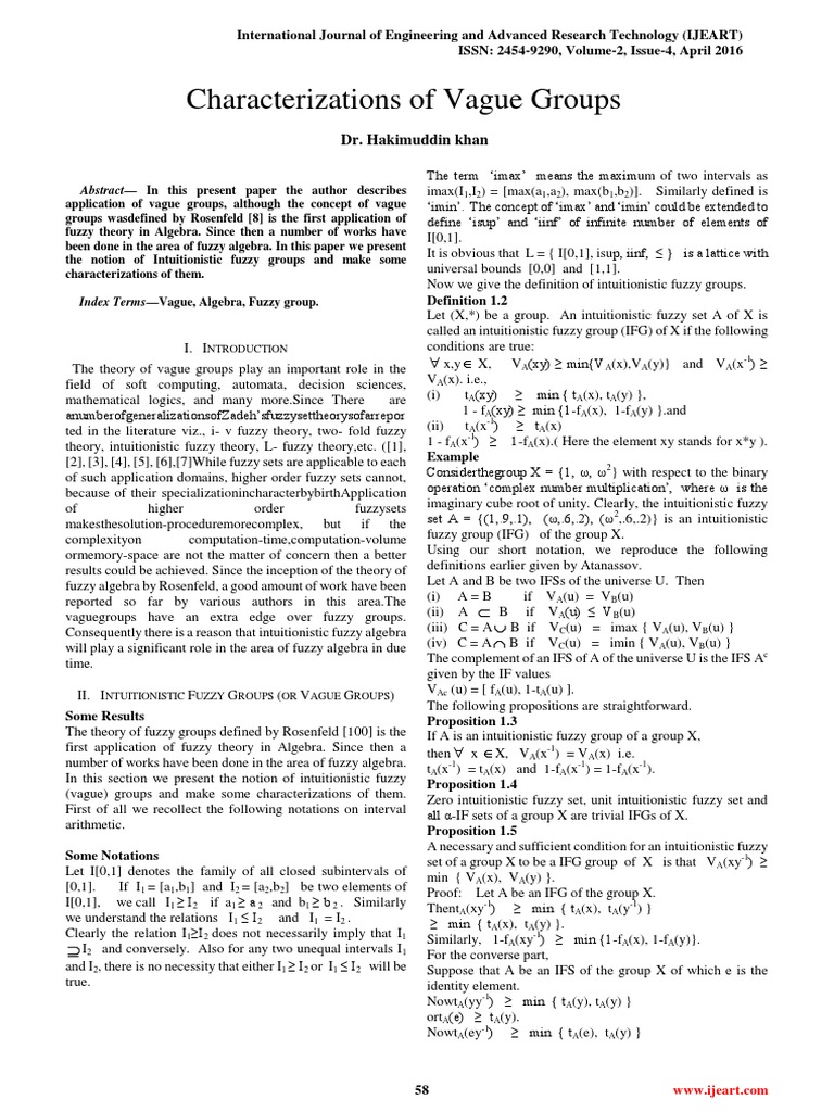 Characterizations of Vague Groups: Dr. Hakimuddin Khan | PDF | Fuzzy ...