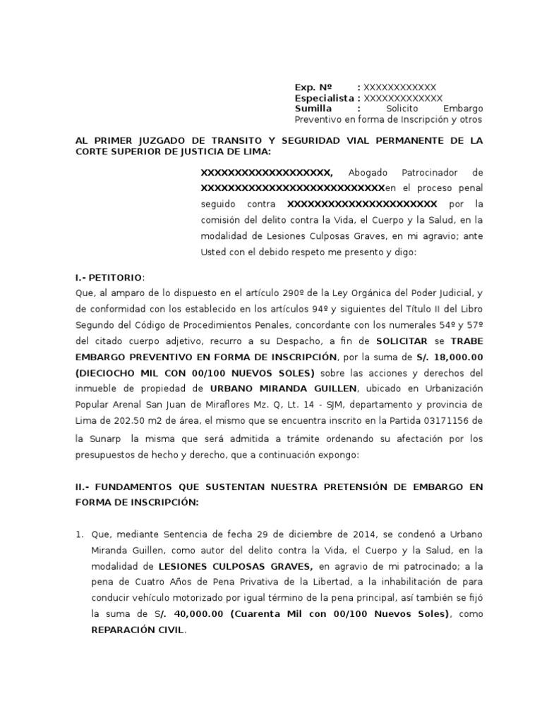 Modelo de Solicitud de Embargo en Forma de Inscripción | PDF | Castigos ...