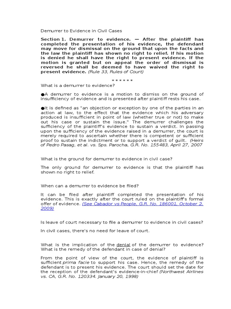 Demurrer To Evidence in Civil Cases | PDF | Demurrer | Evidence