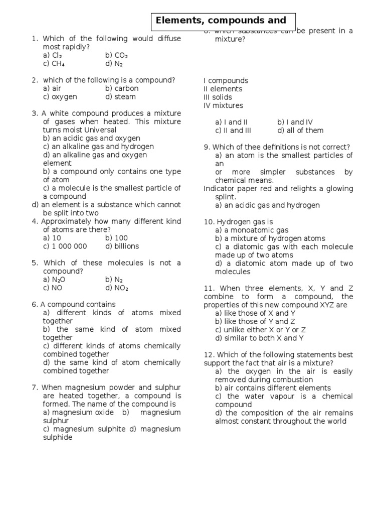MCQs on Elements, Compounds, Mixtures | PDF | Chemical Compounds | Carbon
