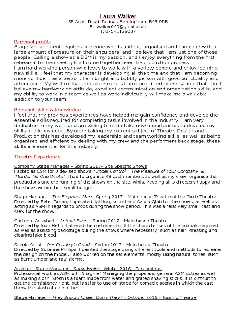 Stage Management Experience Overview | PDF | Performing Arts ...