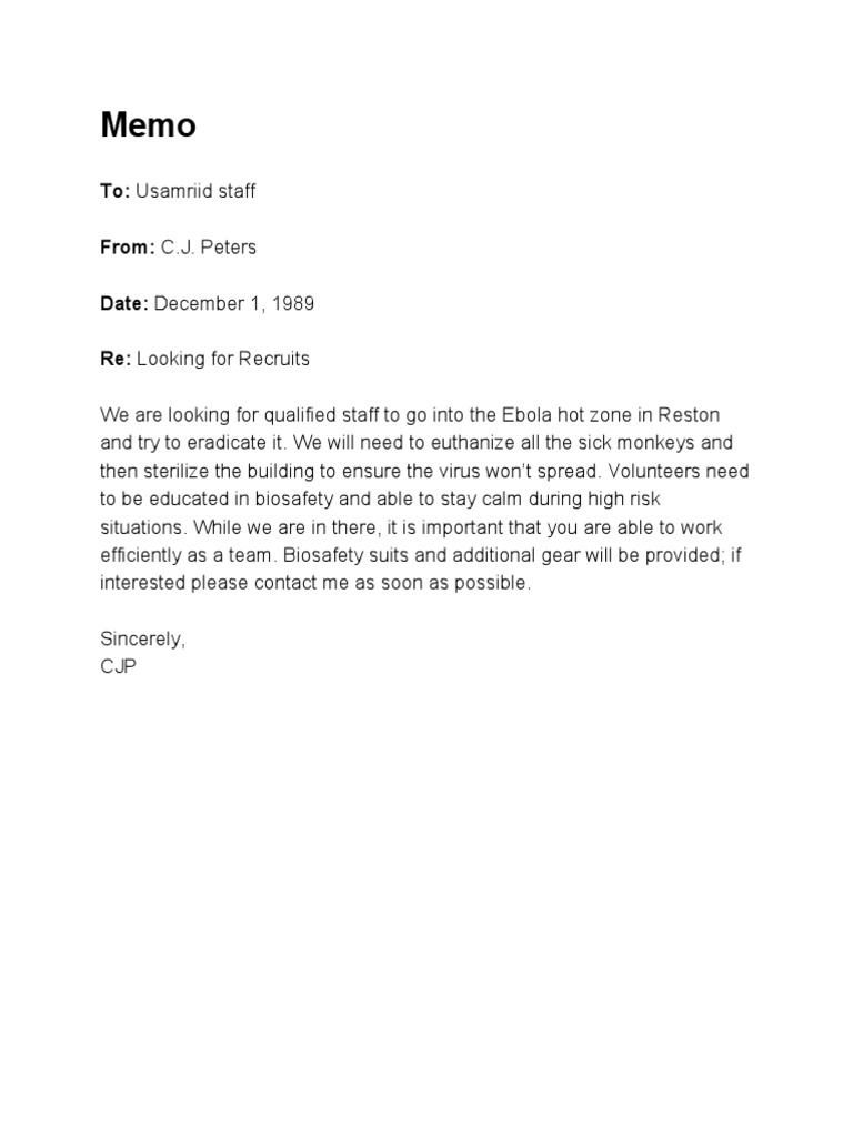 Ebola Hot Zone Recruitment Memo | PDF | Self-Improvement
