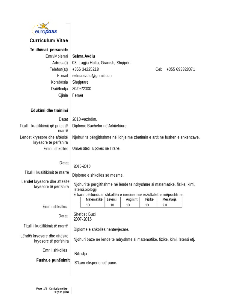 CV Shembull Shqip | PDF