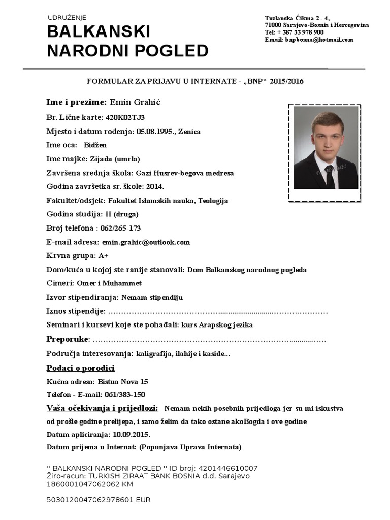 Formular Prijave U Internate 2015-2016 | PDF