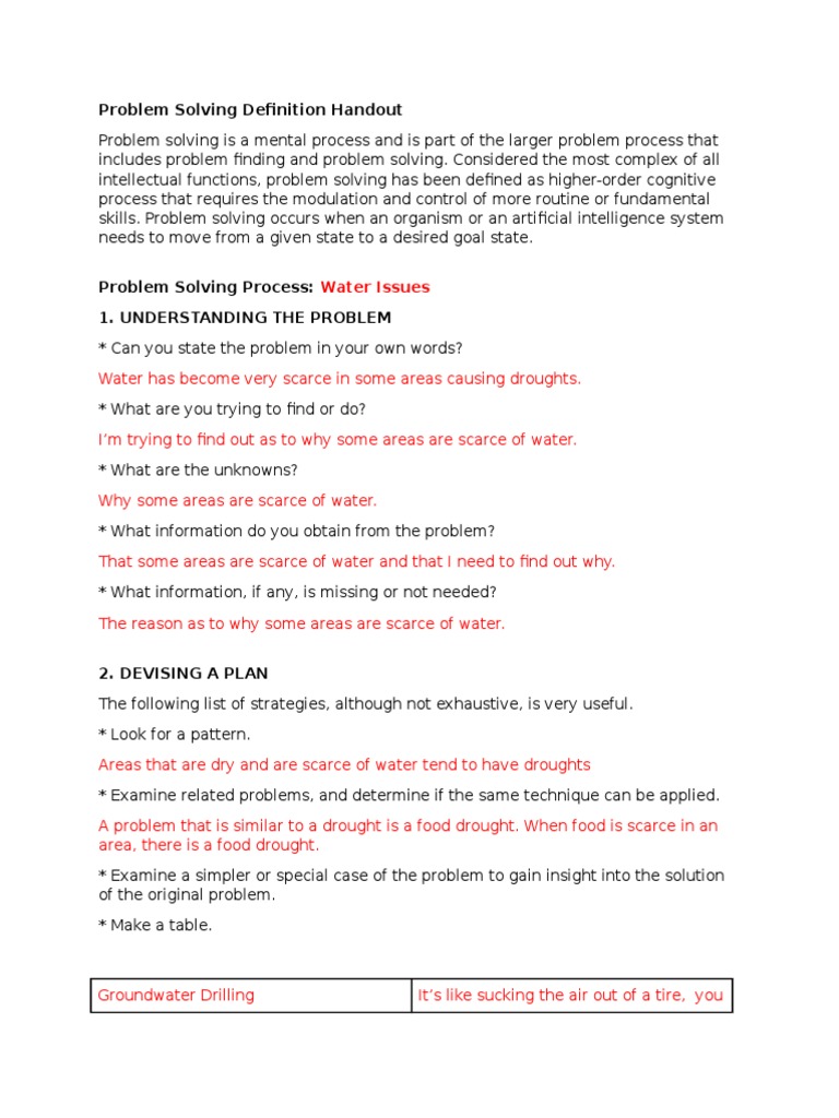 Problem Solving Definition Handout: Water Issues | PDF | Psychological ...