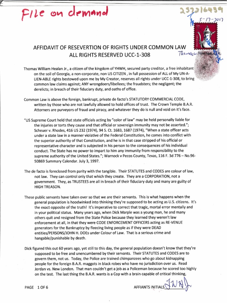 Affadvit of Reservation of Rights Law Case Reference Screven County ...