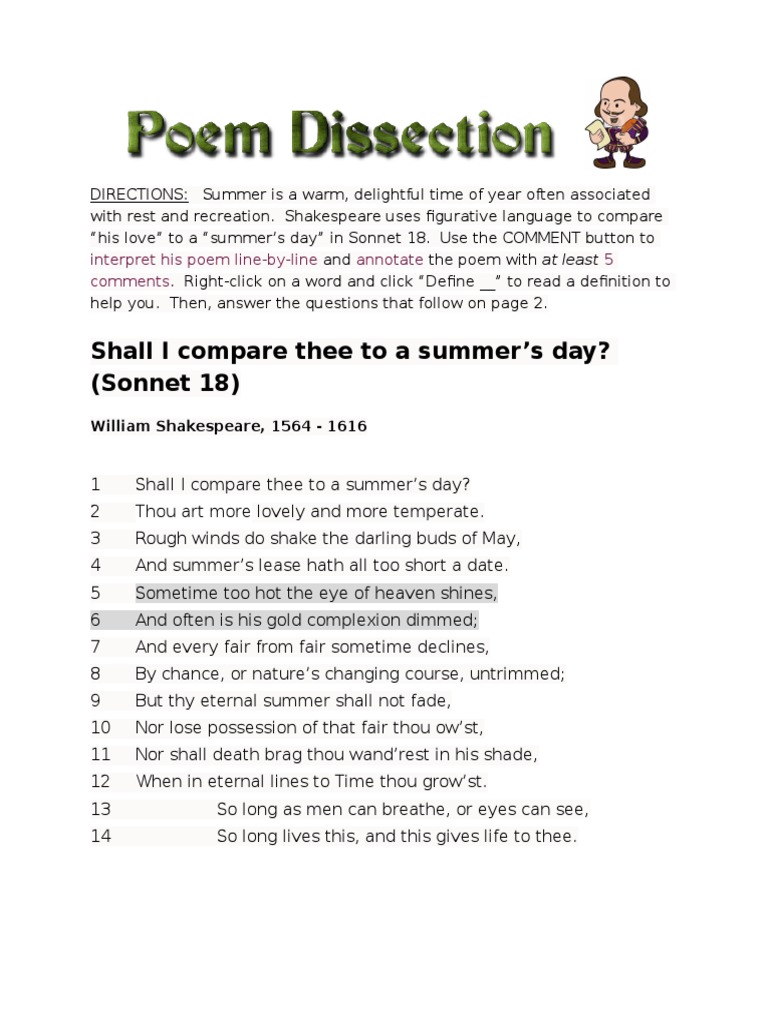 Shakespeare's Sonnet 18 Analysis Guide | PDF | English Poetry | British ...