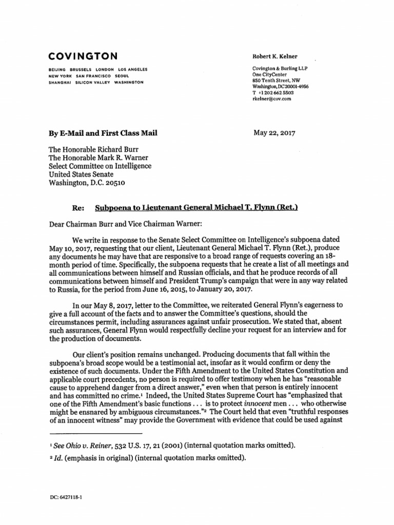 Flynn Letter To SSCI May 22 | Download Free PDF | Fifth Amendment To ...