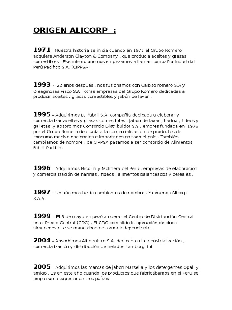 Historia y evolución de Alicorp | PDF | Alimentos | Business