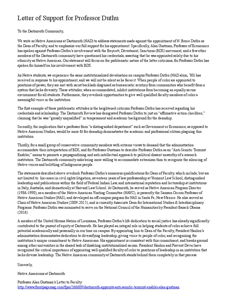 Letter of Support For Dartmouth Professor Bruce Duthu | PDF