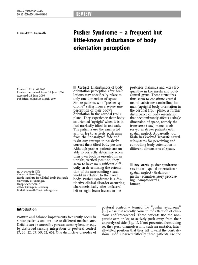Pusher Syndrome A Frequent But Little-Known Disturbance of Body ...