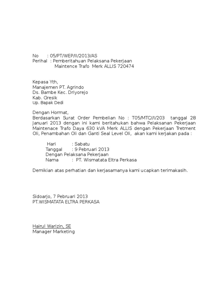 Contoh Surat Pemberitahuan Kerja