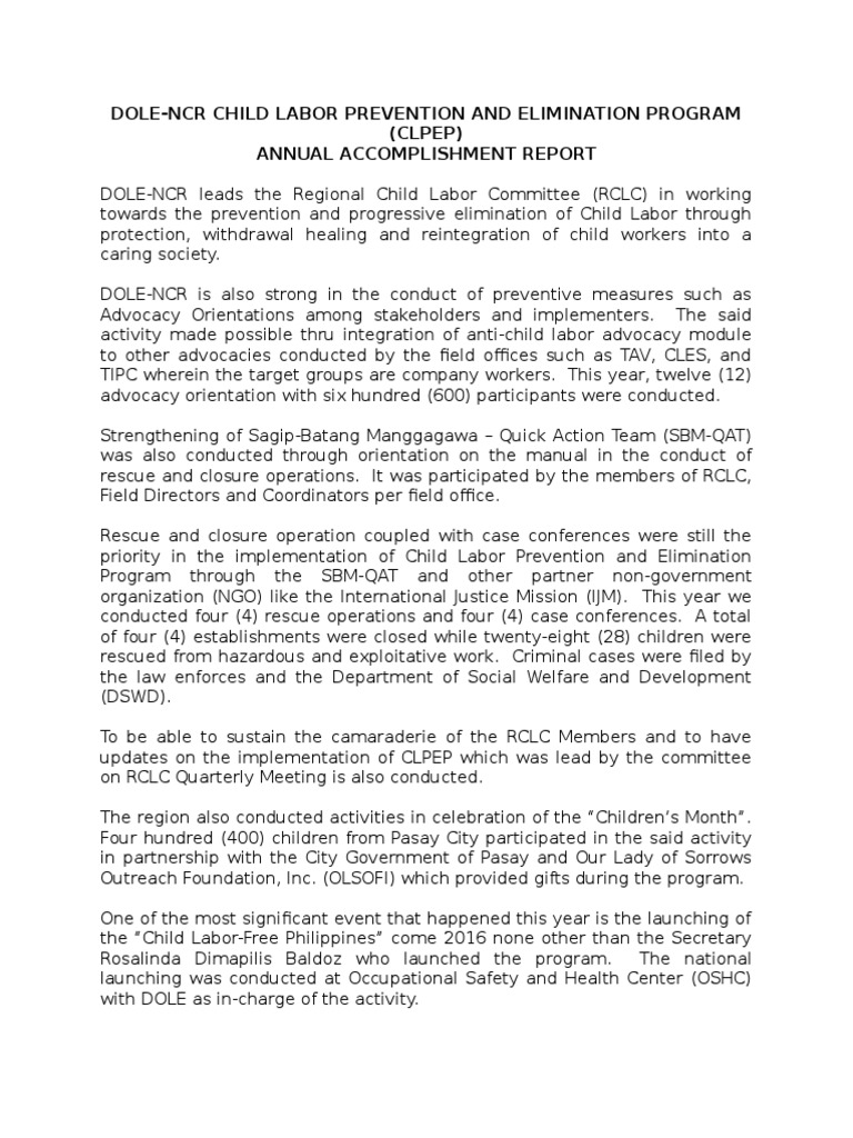 Dole-Ncr Clpep Annual Accomplishment Report | Download Free PDF | Metro ...