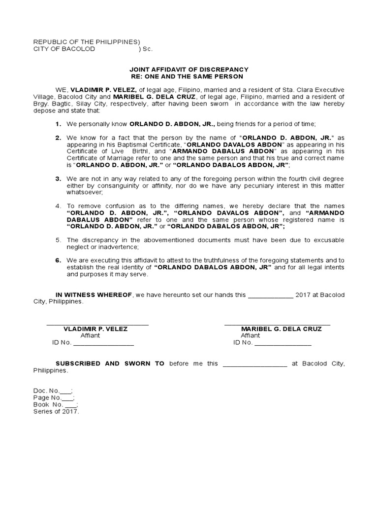 Joint Affidavit of Discrepancy sample | Affidavit | Common Law