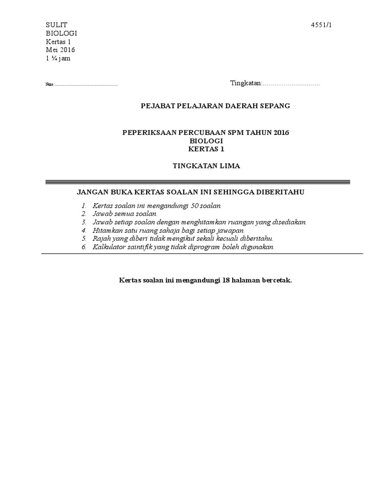 Kertas 1 Pep. Set 2 SPM 2016 - Soalan - Biology | PDF