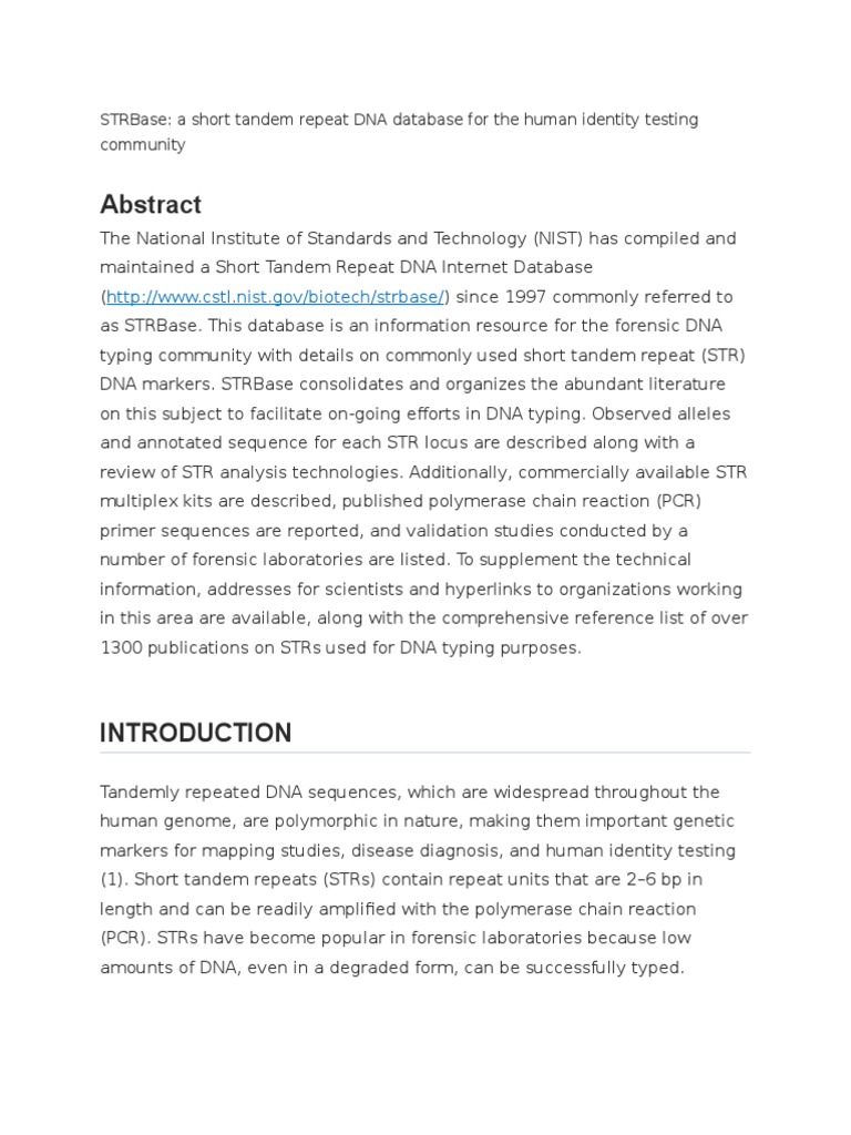 A Comprehensive Review of STRBase: a Short Tandem Repeat DNA Database ...