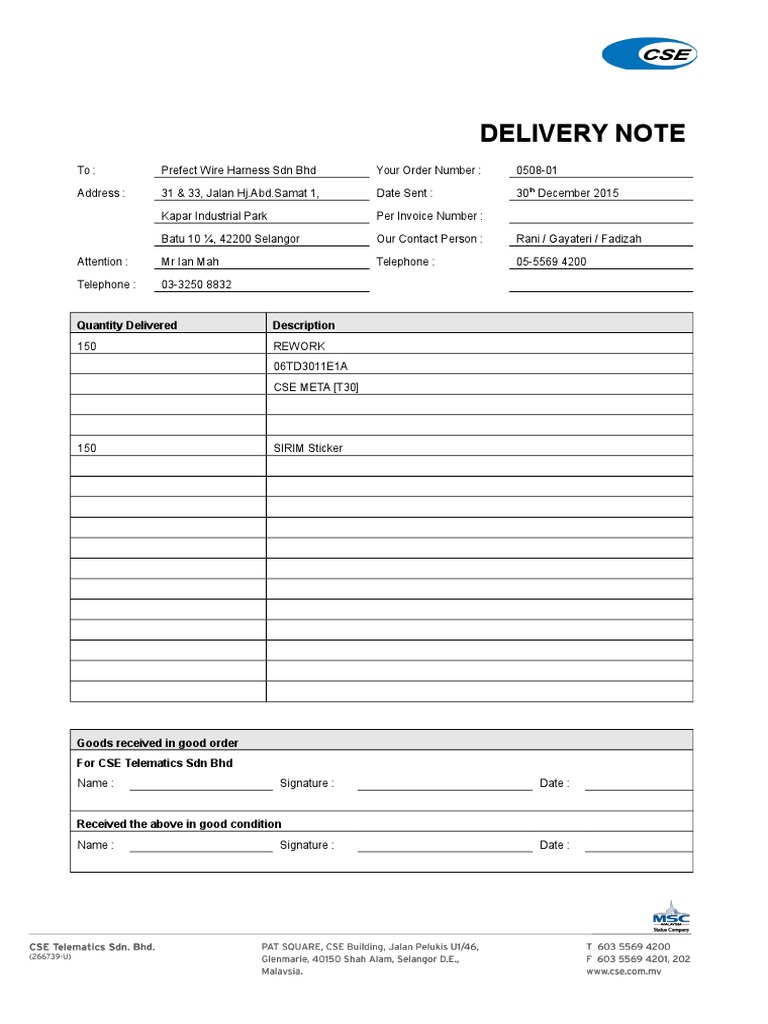 Delivery Note: Quantity Delivered Description | PDF