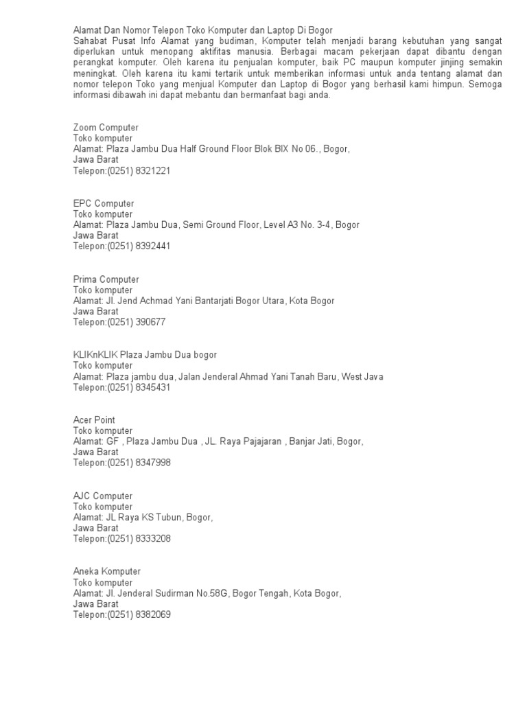 Alamat Dan Nomor Telepon Toko Komputer Dan Laptop Di Bogor | PDF