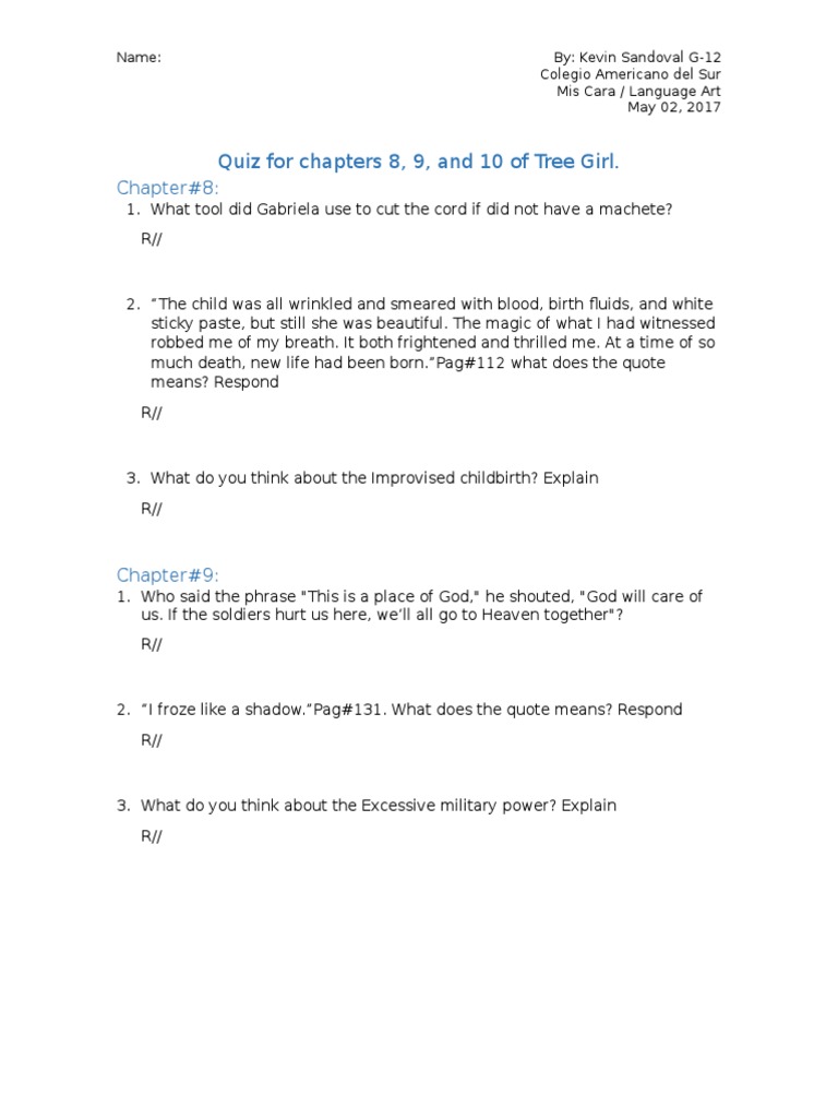 Quiz For Chapters 8, 9, and 10 of Tree Girl.: Chapter#8 | PDF ...