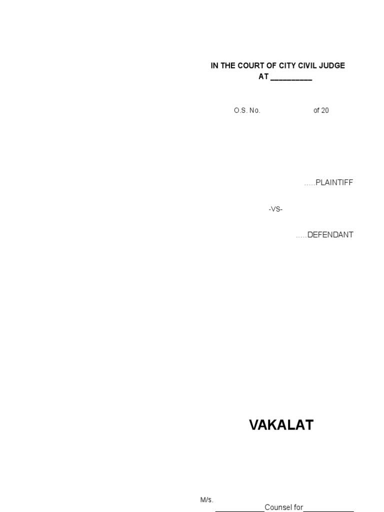 City Civil Court Vakalatnama Format | PDF