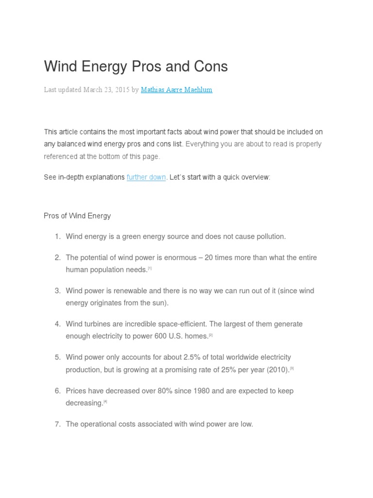 Pros & Cons | PDF | Wind Power | Hydroelectricity