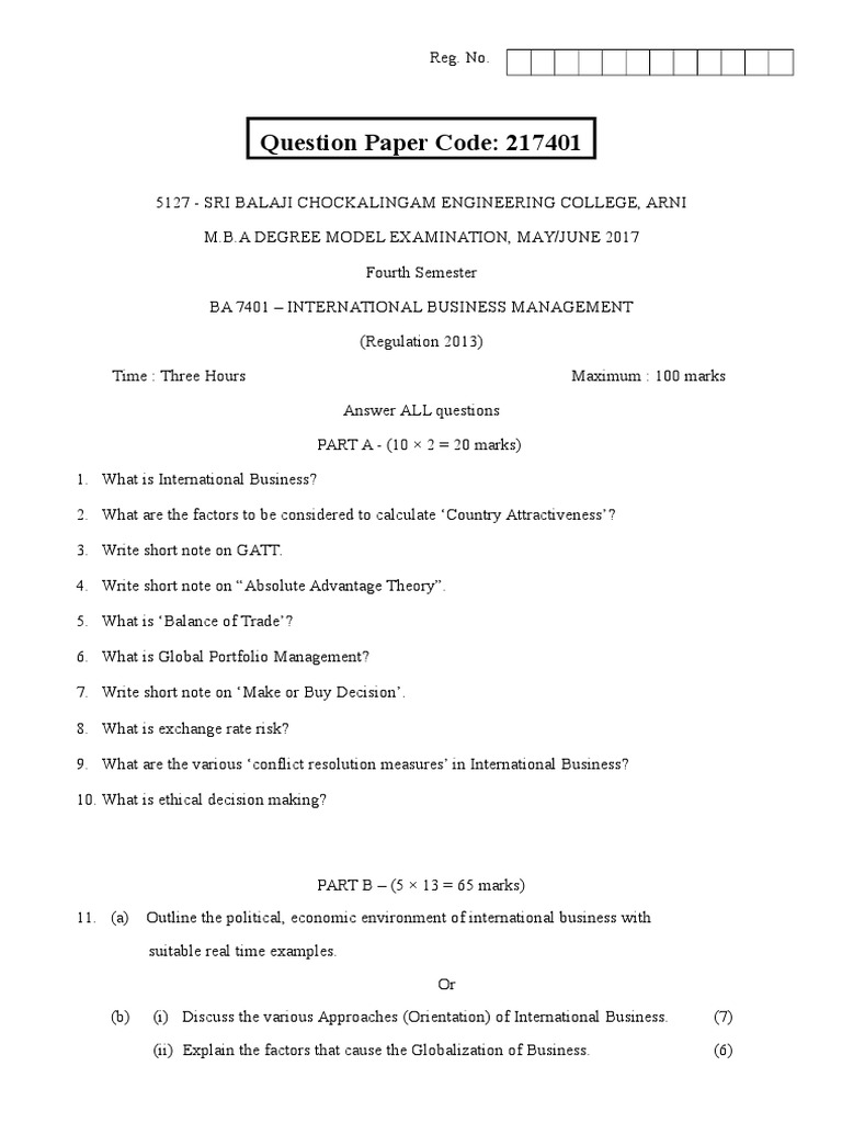 BA7401 - International Business Management - Model Exam Question Paper ...