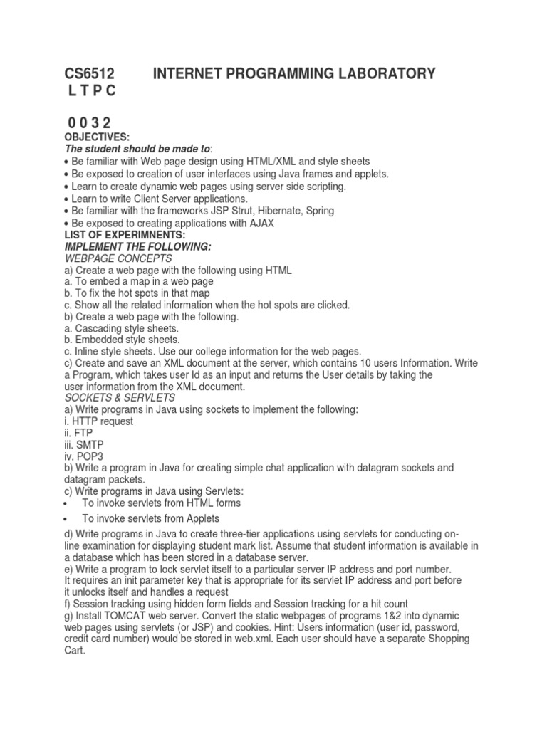 Internet Programming Laboratory: Objectives, Experiments, and Outcomes ...