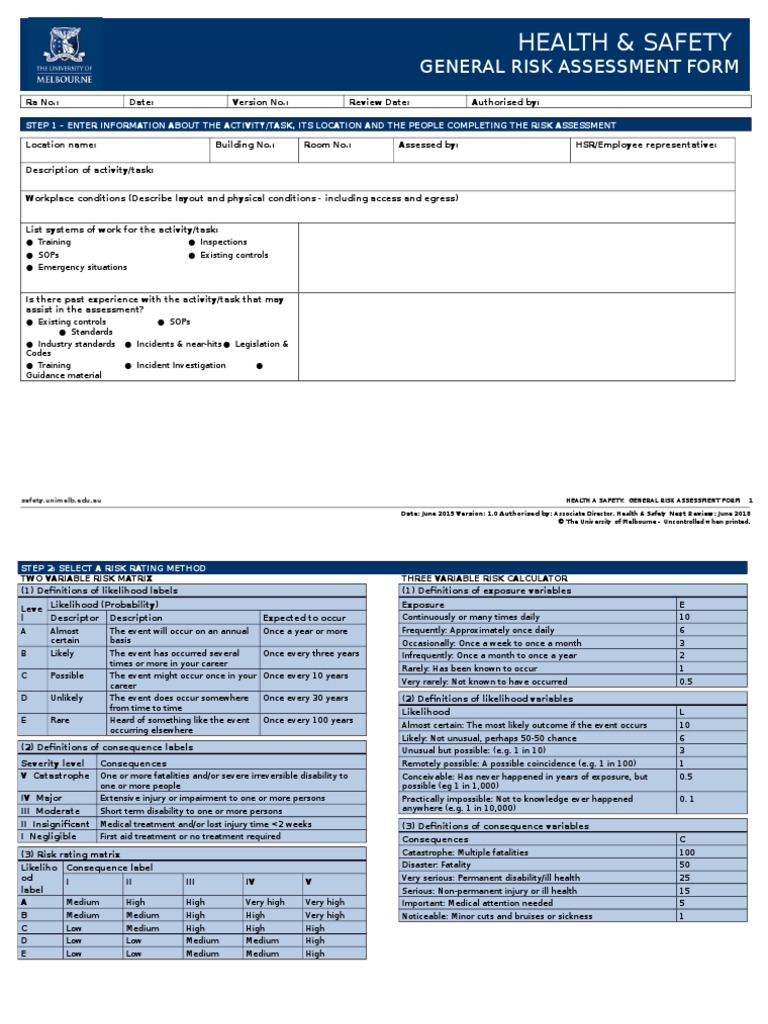 General Risk Assessment Form | PDF | Occupational Safety And Health ...