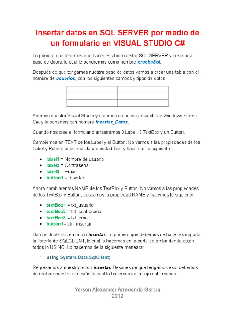 Insertar Datos en SQL SERVER Por Medio de Un Formulario en VISUAL | PDF ...