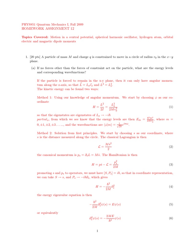 851HW12 09solutions | PDF | Hamiltonian (Quantum Mechanics) | Wave Function