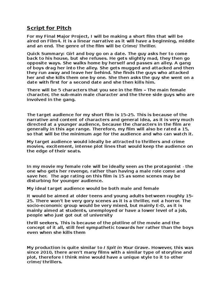 script for pitch | Thriller (Genre) | Leisure