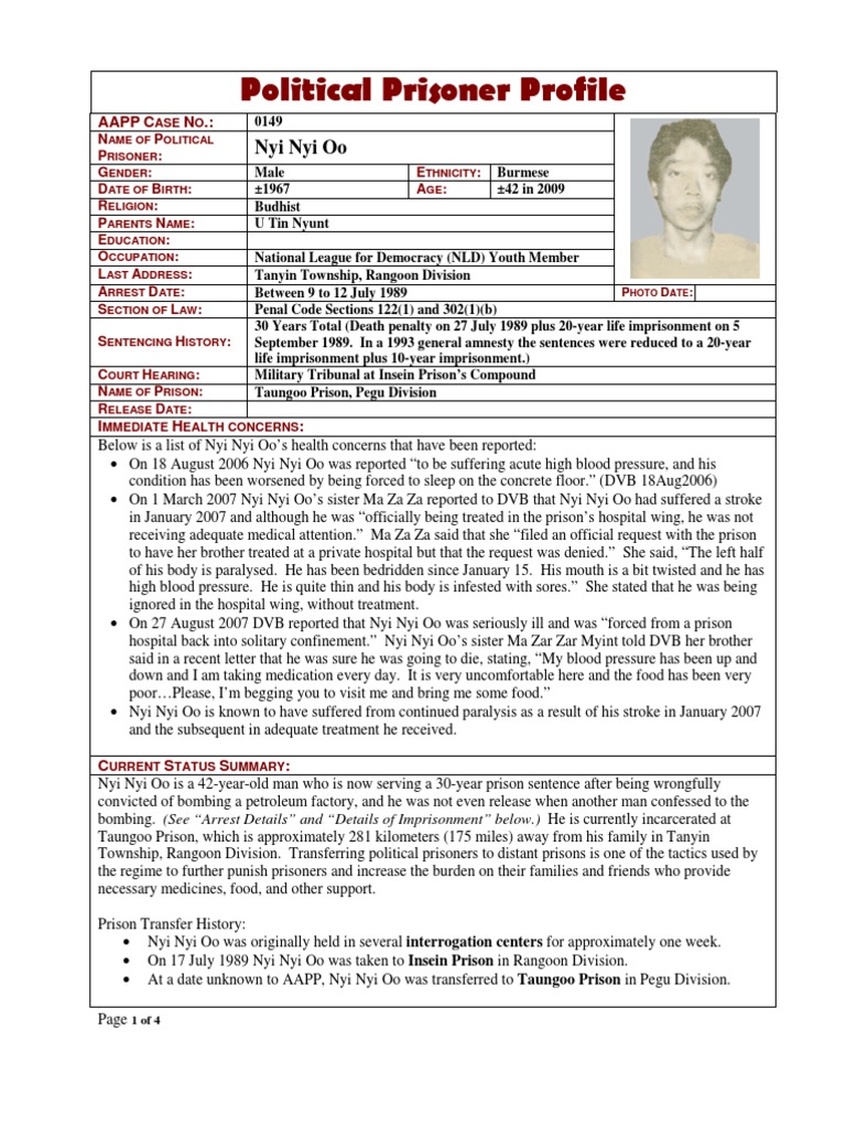 Political Prisoner Profile: Nyi Nyi Oo | PDF | Justice | Crime & Violence