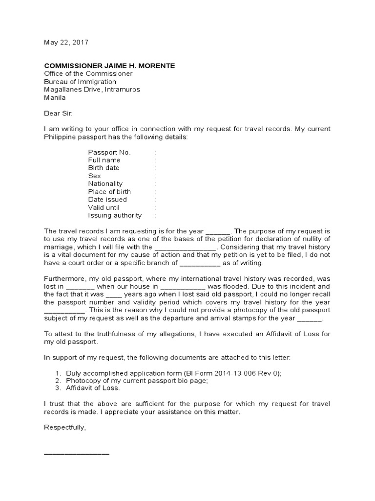 Letter To BI - Sample | PDF | Passport | Government Information