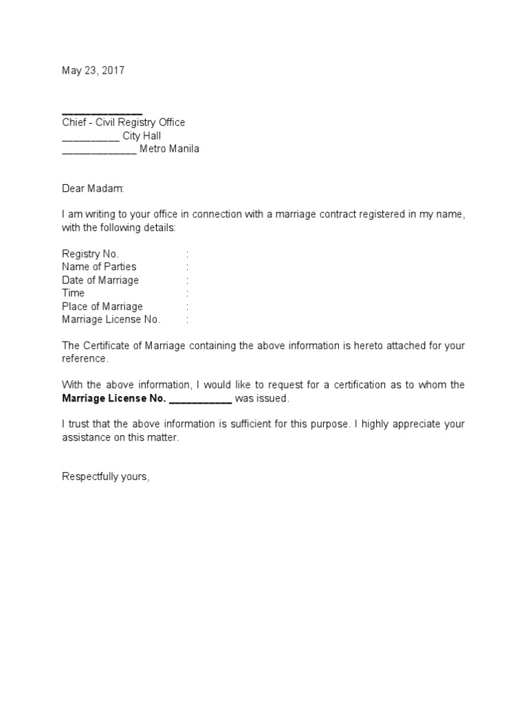 Letter to Local Civil Registrar