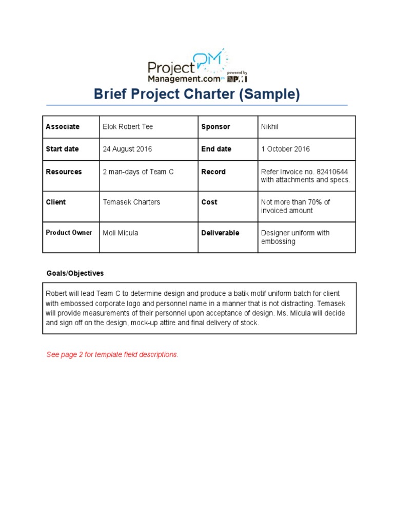 Brief Project Charter (Sample) : Associate Sponsor Start Date End Date ...