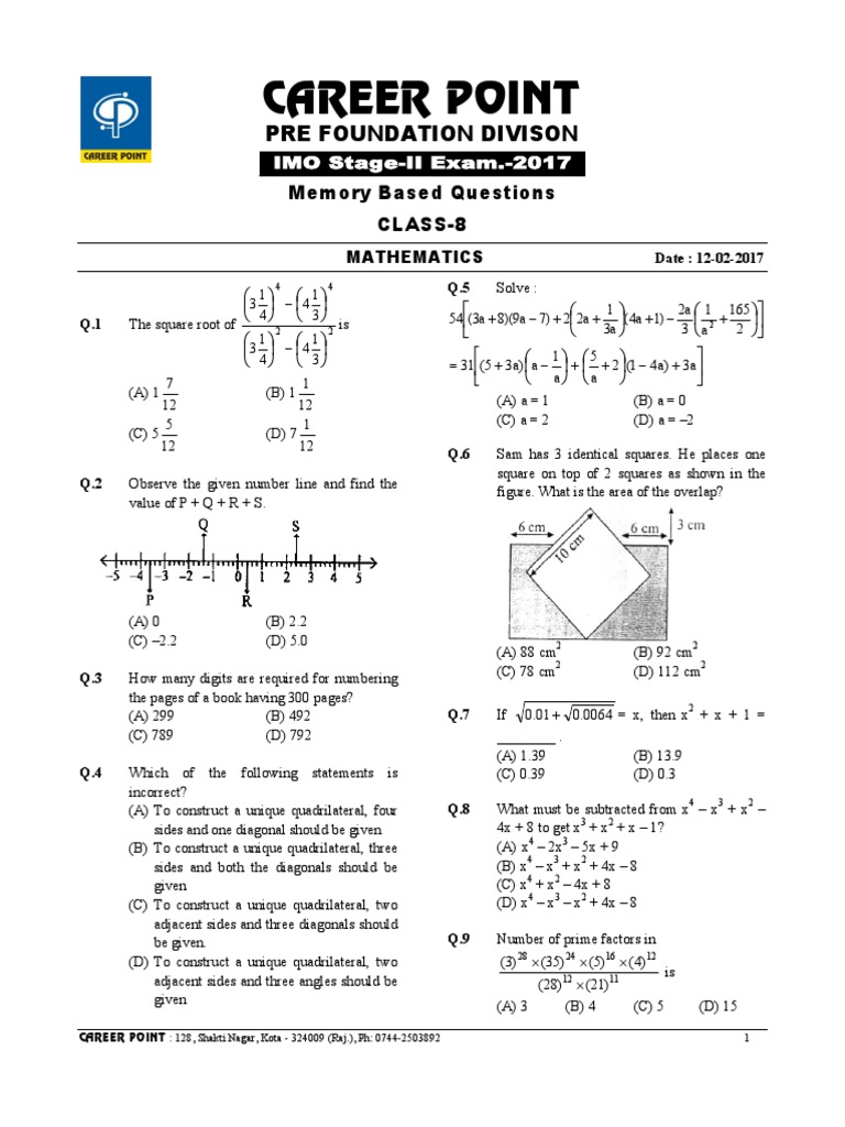 IMO Class-8 Level 2 (12-02-2017) | PDF | Area | Rectangle