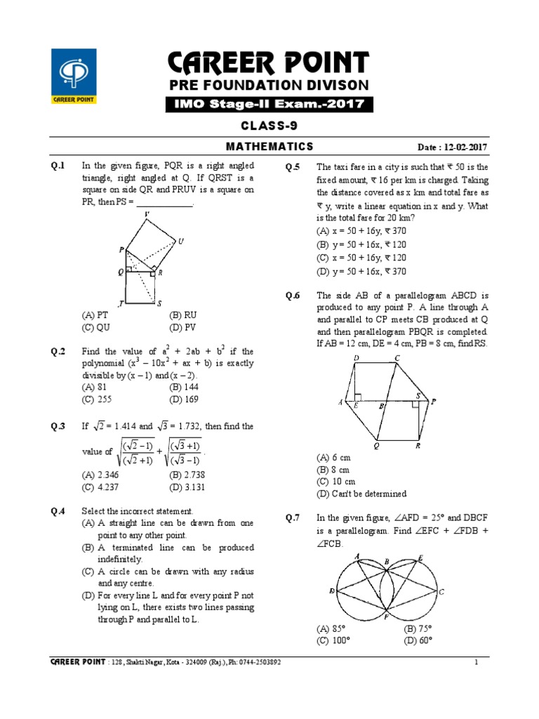 IMO-Class-9 Level 2 (12-02-2017) | PDF | Triangle | Axiom