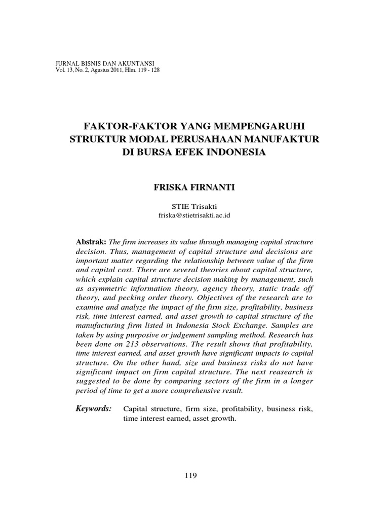 Faktor-Faktor Yang Mempengaruhi Struktur Modal Perusahaan Manufaktur Di Bursa Efek Indonesia PDF ...