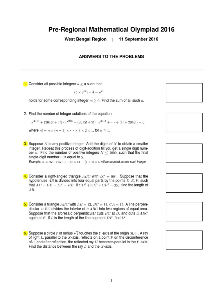 Answers to Problems on the Pre-Regional Mathematical Olympiad 2016 West ...