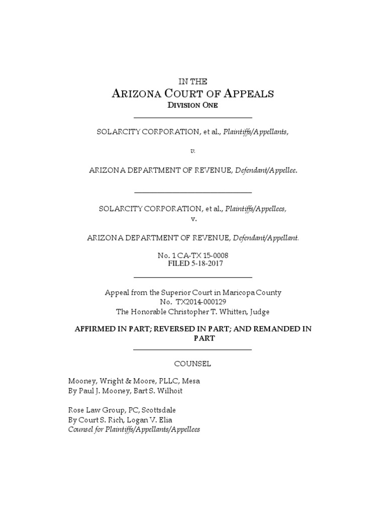 Arizona Court of Appeals Decision | United States Tax Court | Solar City