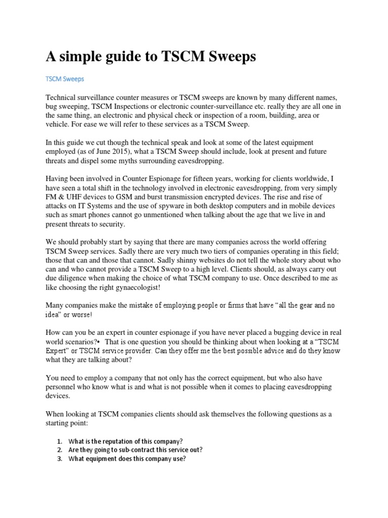 A Simple Guide To TSCM Sweeps | PDF | Counterintelligence | Surveillance