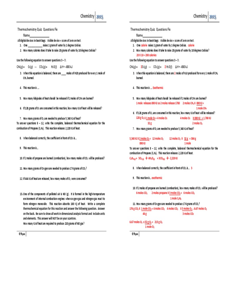 Thermochemistry Quiz A KEY | PDF | Combustion | Propane