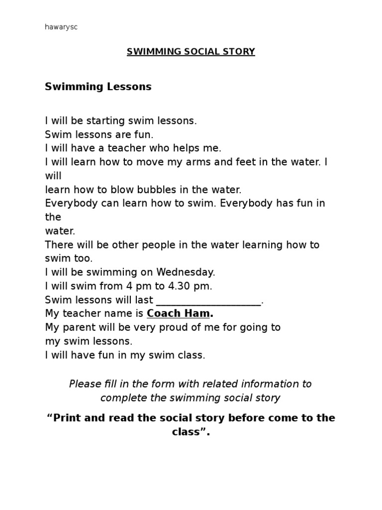 Swimming Lessons Social Story | PDF