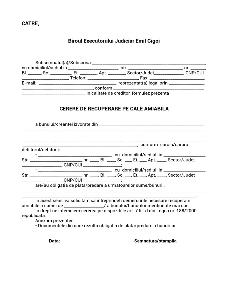 Cerere Recuperare Amiabila | PDF